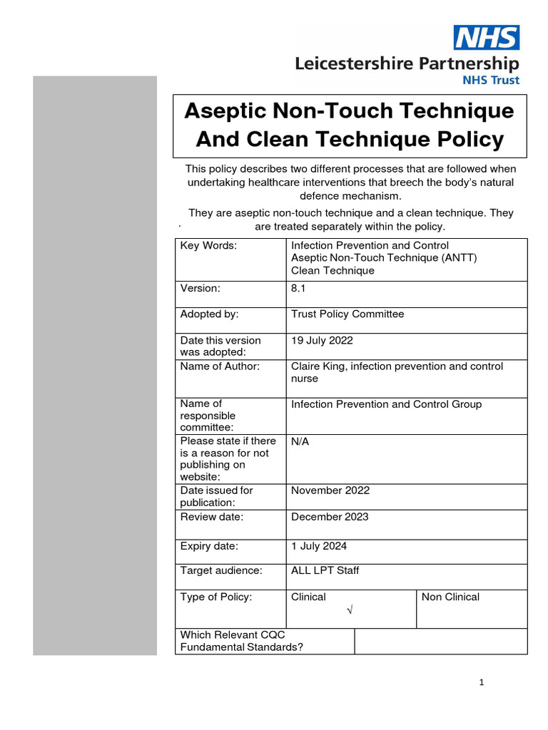 Aseptic Non Touch Technique and Clean Technique Policy | PDF