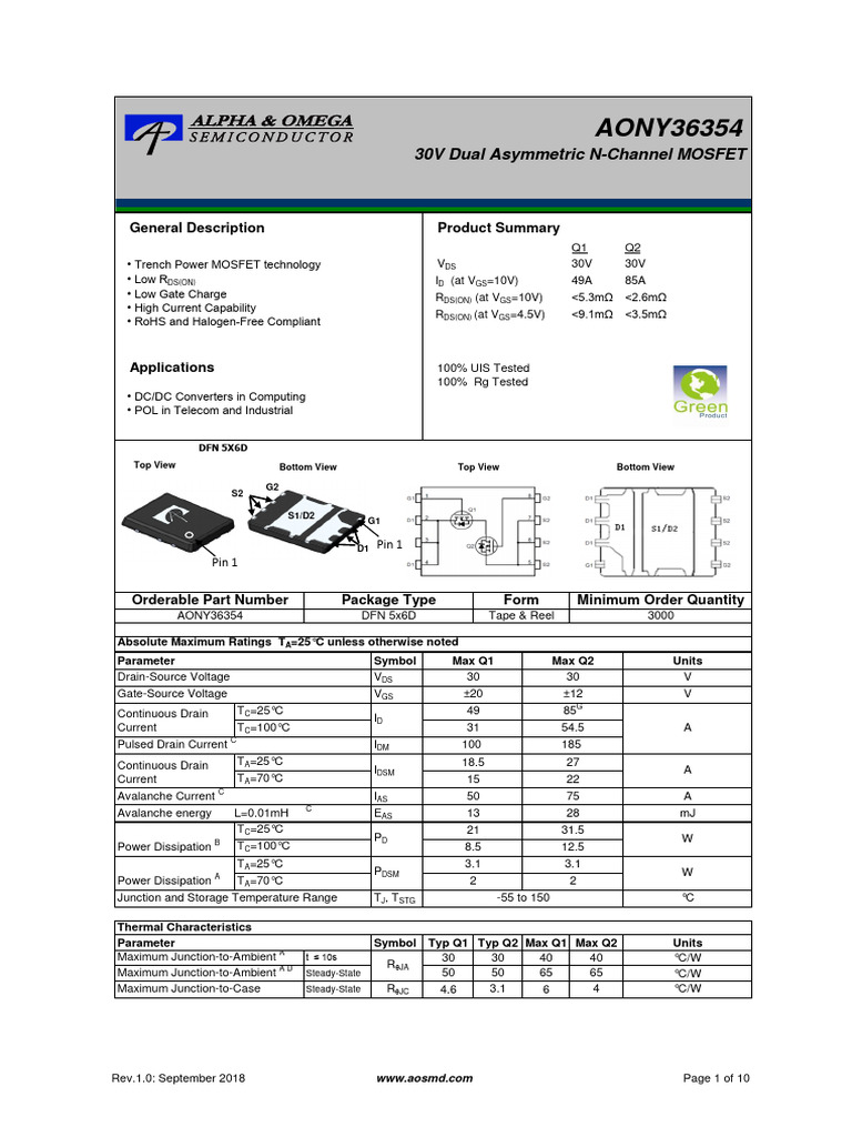 30V Dual N-Channel MOSFET AONY36354 | PDF | Diode | Electrical Engineering