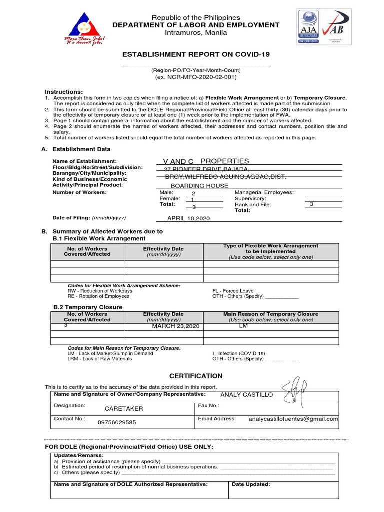 COVID-19 Establishment Report Template | PDF | Labor | Economies
