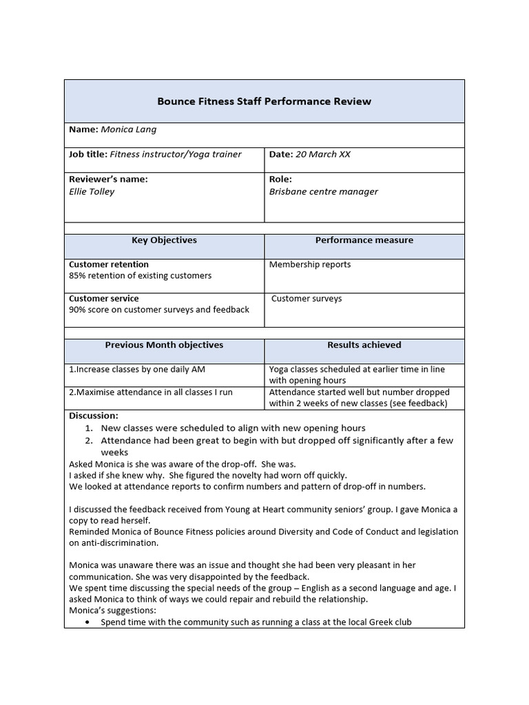 Monica Lang's Performance Review Summary | PDF