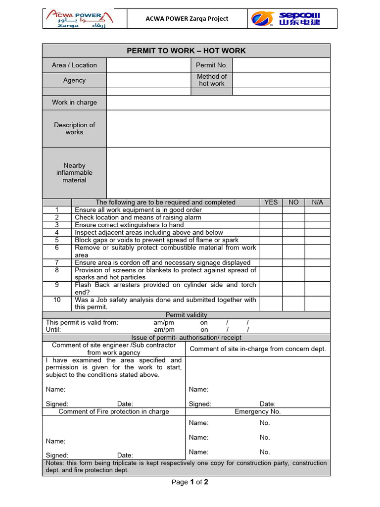 Permit To Hot Work | PDF | Safety | Firefighting