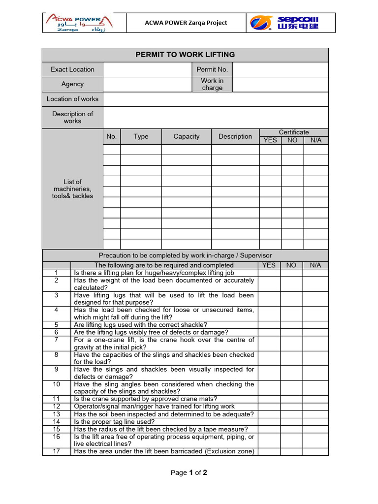 Updated Lifting Work Permit | PDF | Crane (Machine)