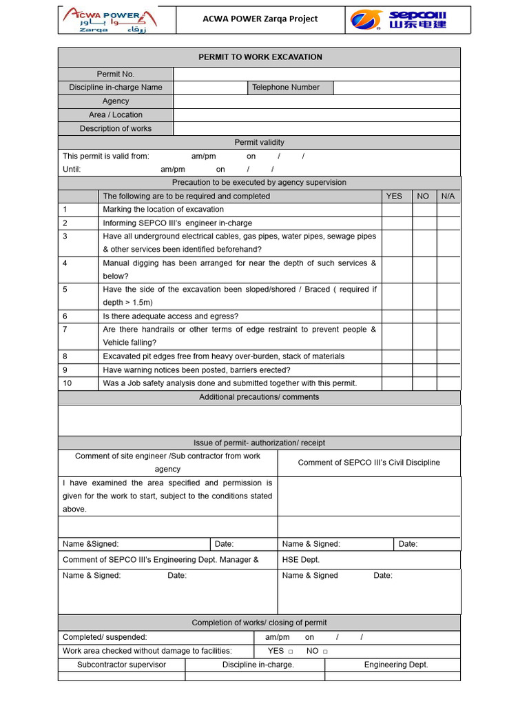 Permit To Excavation Work New | Download Free PDF | Engineering