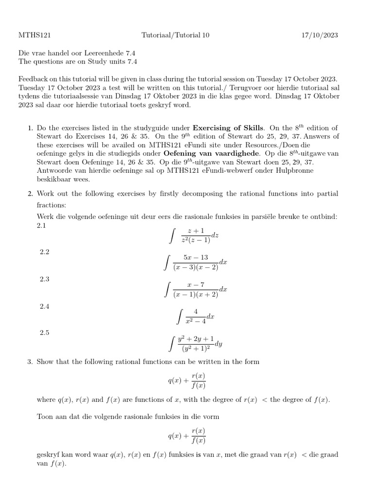 MTHS121 Tutoriaal 10 2023 | PDF