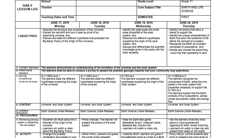 Daily Lesson Log in ELS | PDF | Universe | Learning