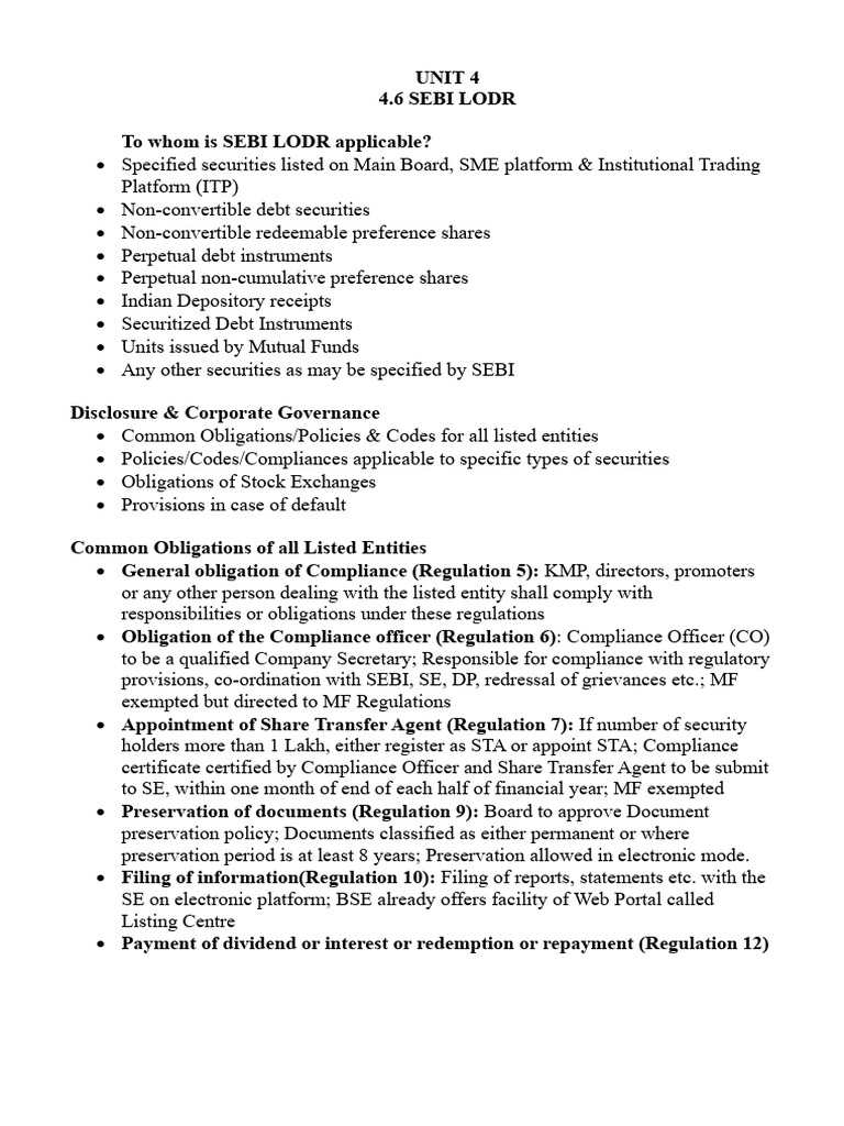 Unit 4.6 Sebi Lodr | PDF | Securities (Finance) | Regulatory Compliance