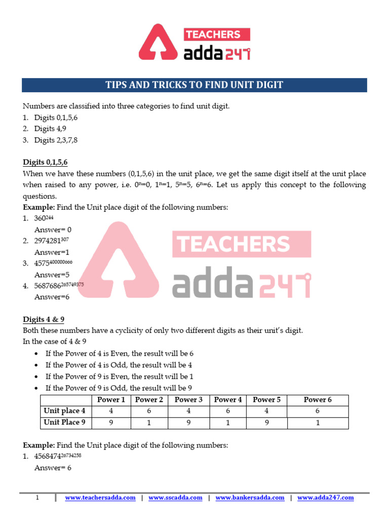 Formatted Tips and Tricks To Find Unit Digit | PDF
