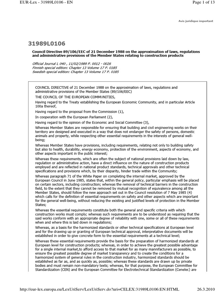 ConstructionProductsDirective 89 106 EEC | PDF | European Union ...