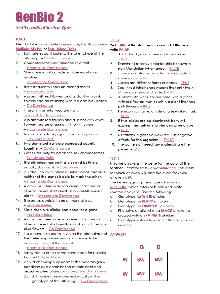 B5 GenBio 2 3rd Periodical Review Quiz | PDF | Dominance (Genetics) | Genotype