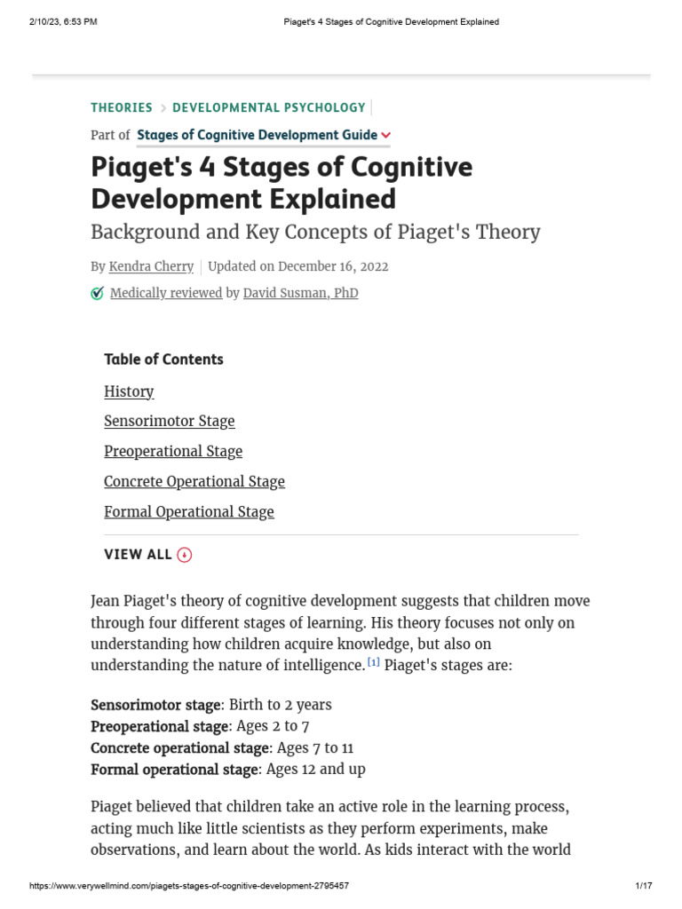 Piaget's 4 Stages of Cognitive Development Explained | PDF | Cognitive Development | Schema ...