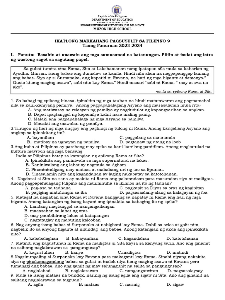 IKATLONG MARKAHANG PAGSUSULIT GRADE 9-FILIPINO | PDF