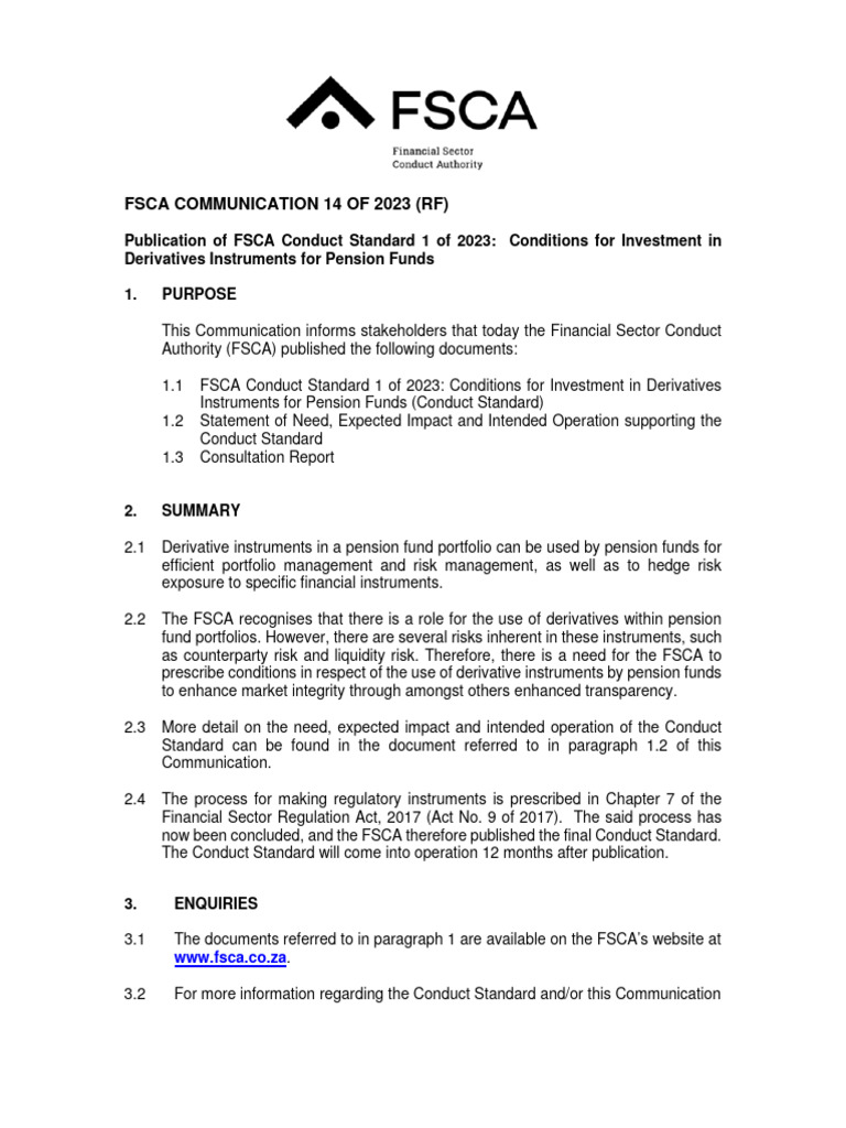 FSCA Communication 14 of 2023 (RF) - Derivatives Instruments For Pension Funds | PDF