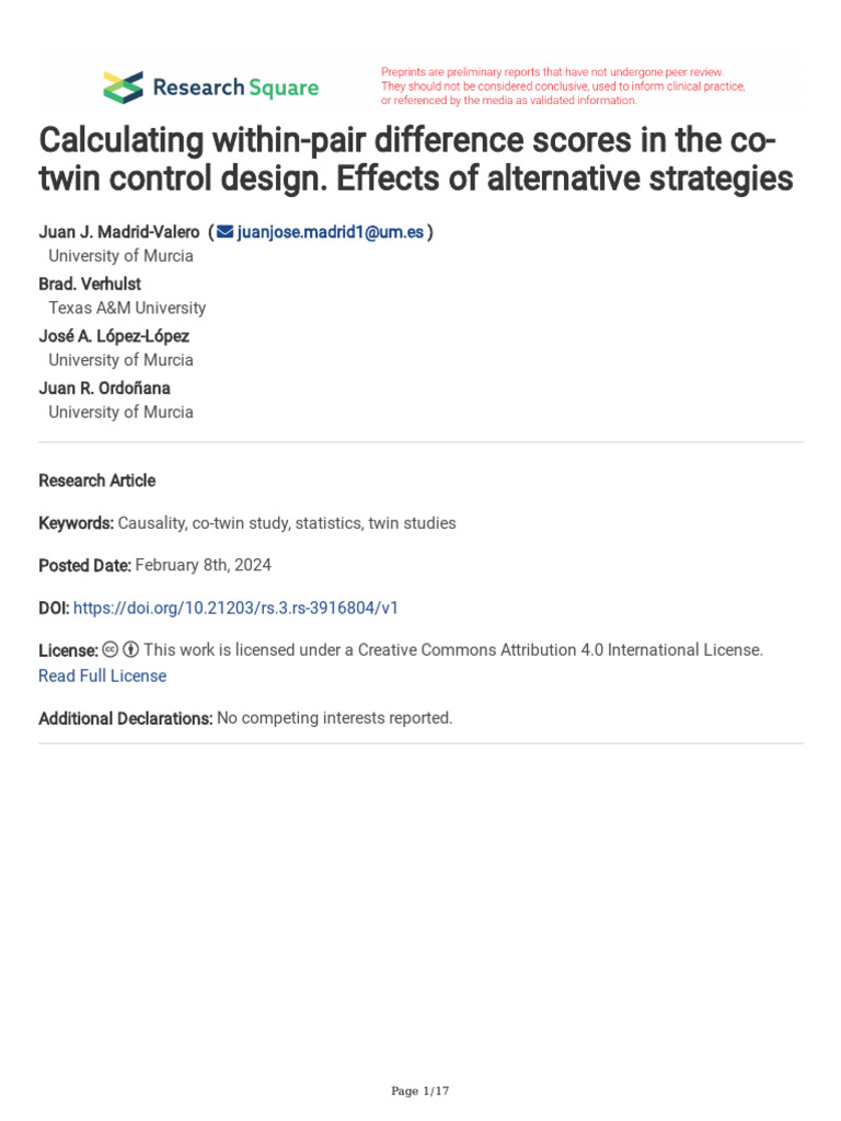 Calculating Within-pair Difference Scores in the Co- Twin Control Design. Effects of Alternative ...