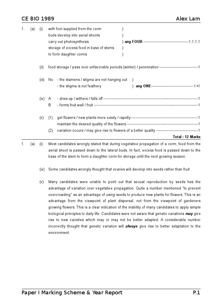 1989 Biology Paper I Marking Scheme | PDF