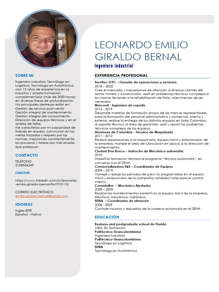 Ing. Leonardo Emilio Giraldo Bernal CV | PDF | Logística | Ingeniería ...