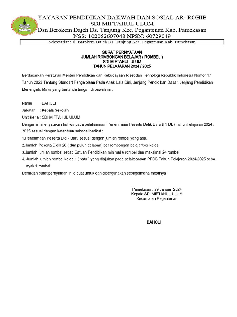 Contoh Surat Pernyataan PPDB 2024-2025 - Copy-2 | PDF