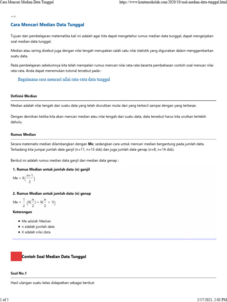 Median Data Tunggal: Panduan dan Contoh | PDF
