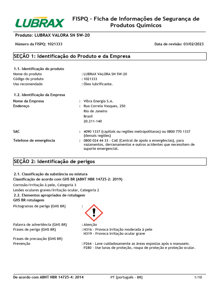 Fds - Oléo Lubrificante - 5w20 | PDF | Brasil | Química