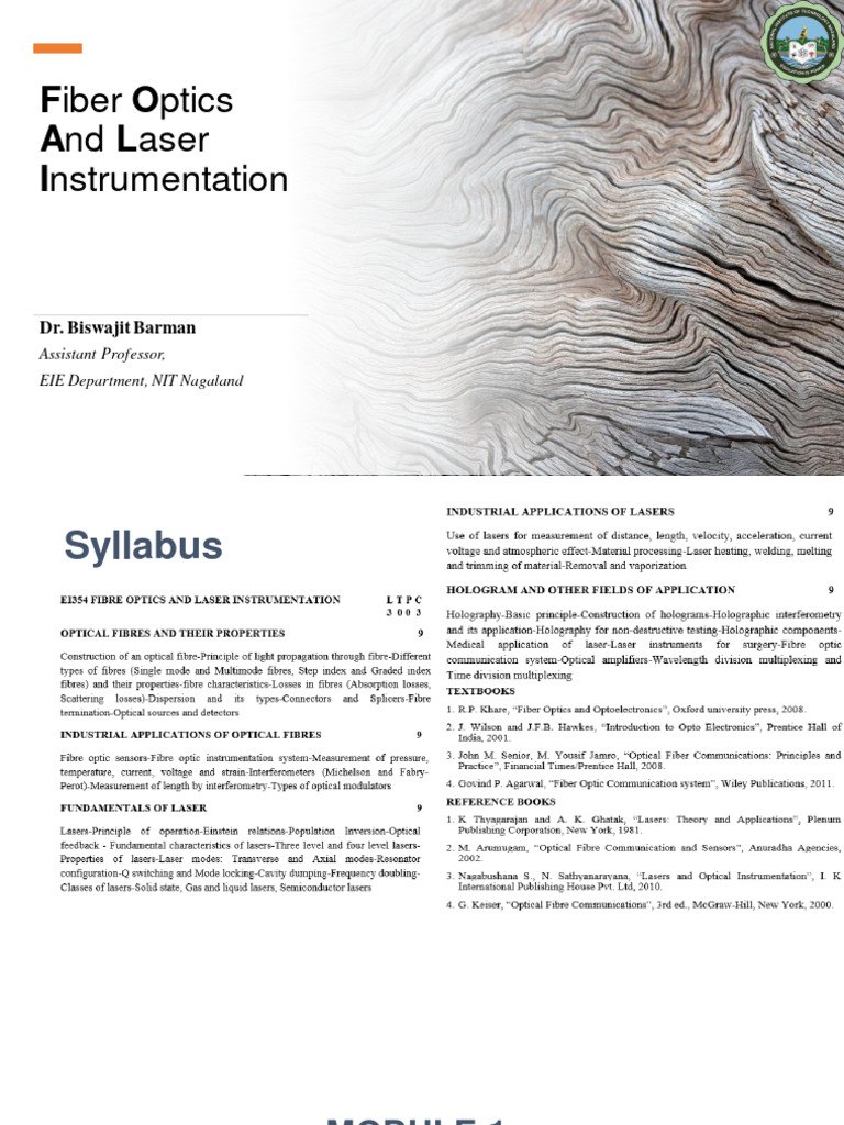 Fiber Optics and Laser Instrumentation - Module 1 | PDF | Optical Fiber | Dispersion (Optics)