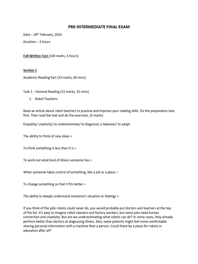 Pre Intermediate Final Exam Question Paper 1 | PDF | Asteroid | Nasa