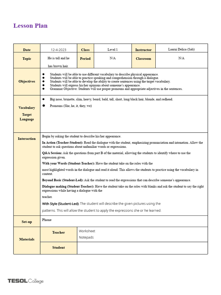 Lesson Plan: Describing Appearance | PDF