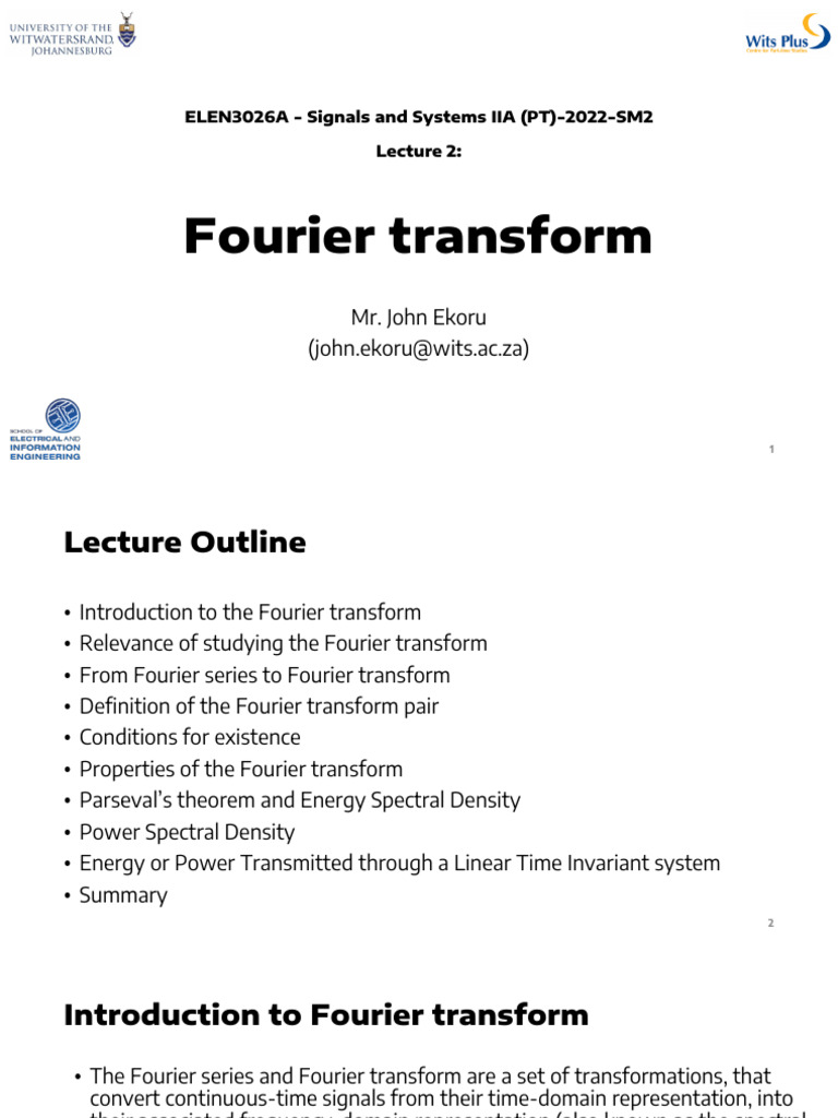 ELEN3026A - Lecture 2 - Fourier Transform - Lecture Slides | PDF | Spectral Density | Fourier ...