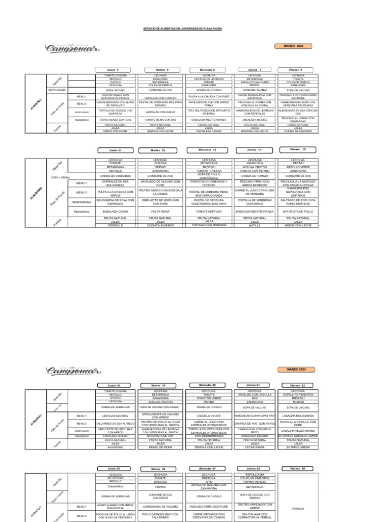 Minuta | PDF | ensalada | Comida y bebida
