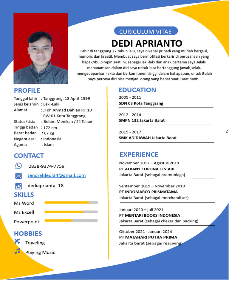 CV Dedi Aprianto: Profil & Pengalaman Kerja | PDF