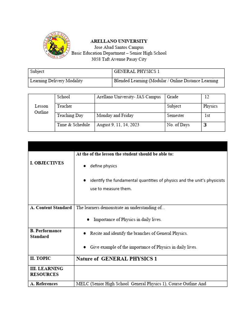 Arellano University: Nature of General Physics 1 | PDF | Physics | Physical Sciences