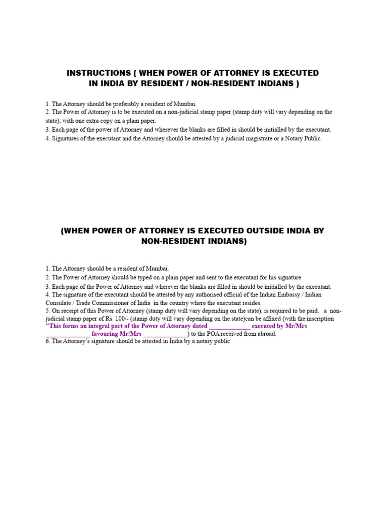 Instructions (When Power of Attorney Is Executed in India by Resident ...
