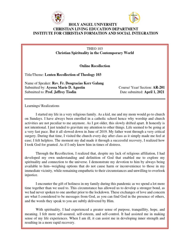 AGUSTIN - AYESSA - RECOLLECTION - Reflection Paper | PDF | Spirituality