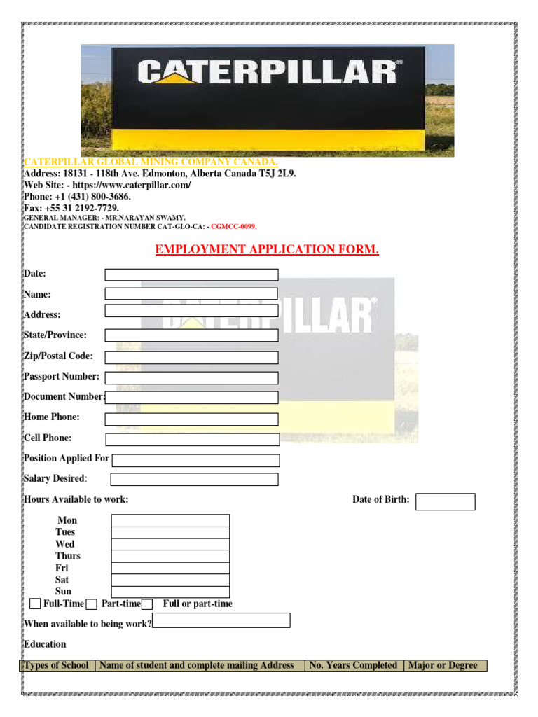 Caterpillar Global Mining Company Canada Employment Application Form ...