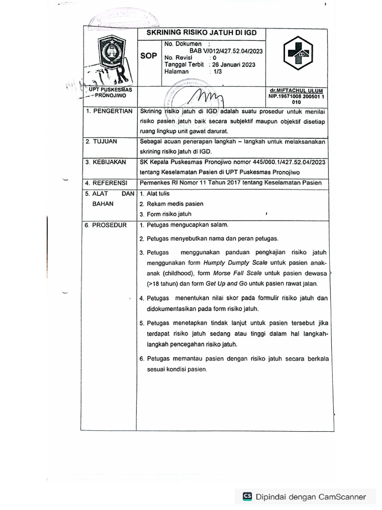 3) Sop Skrining Risiko Jatuh Igd | PDF