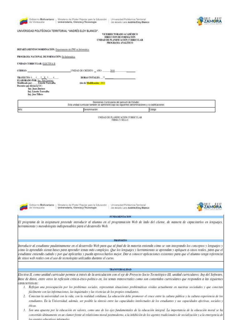 Programa Instruccional Electiva 2 Propuesta 2022 | PDF | Script Java | Red mundial