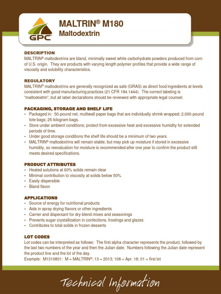 Maltrin - M-180 - (Maltodextrin 18 DE) - PDS | PDF | Nutrition Facts ...