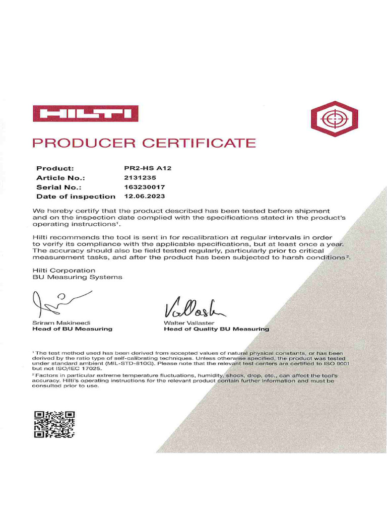 Hilti Calibration Certificate | PDF