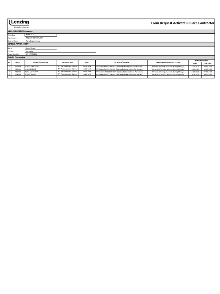 Form Request or Activate ID Card Contractor PT - XXX | PDF