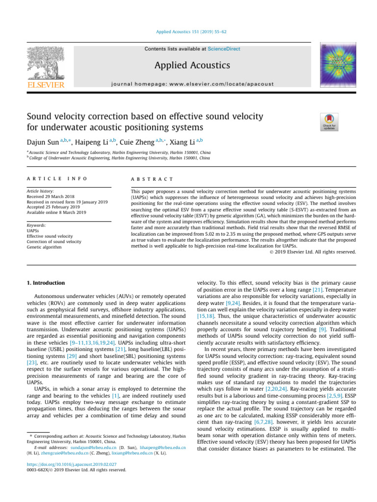 Sound Velocity Correction Based On Effective Sound Velocity For Underwater Acoustic Positioning ...
