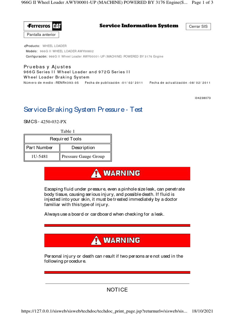 Service Braking System Pressure - Test | PDF | Brake | Pressure