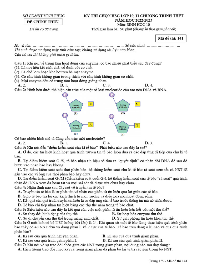 De Thi Hoc Sinh Gioi Sinh Hoc 10 Nam 2022 2023 So GDDT Vinh Phuc | PDF
