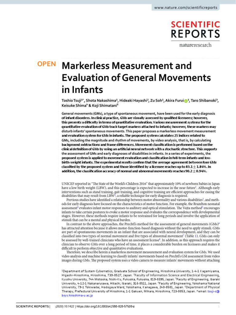 Markerless Measurement and Evaluation of General Movements in Infants | PDF