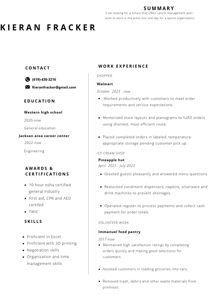 Kieran Fracker: Work Experience Contact | PDF