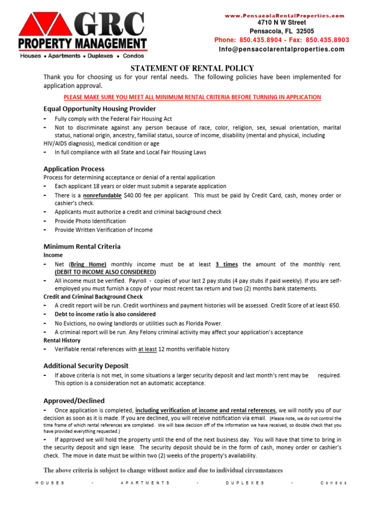 Statement of Rental Policy | PDF | Renting | Background Check