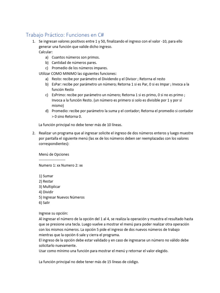Trabajo Práctico Funciones en C# | PDF