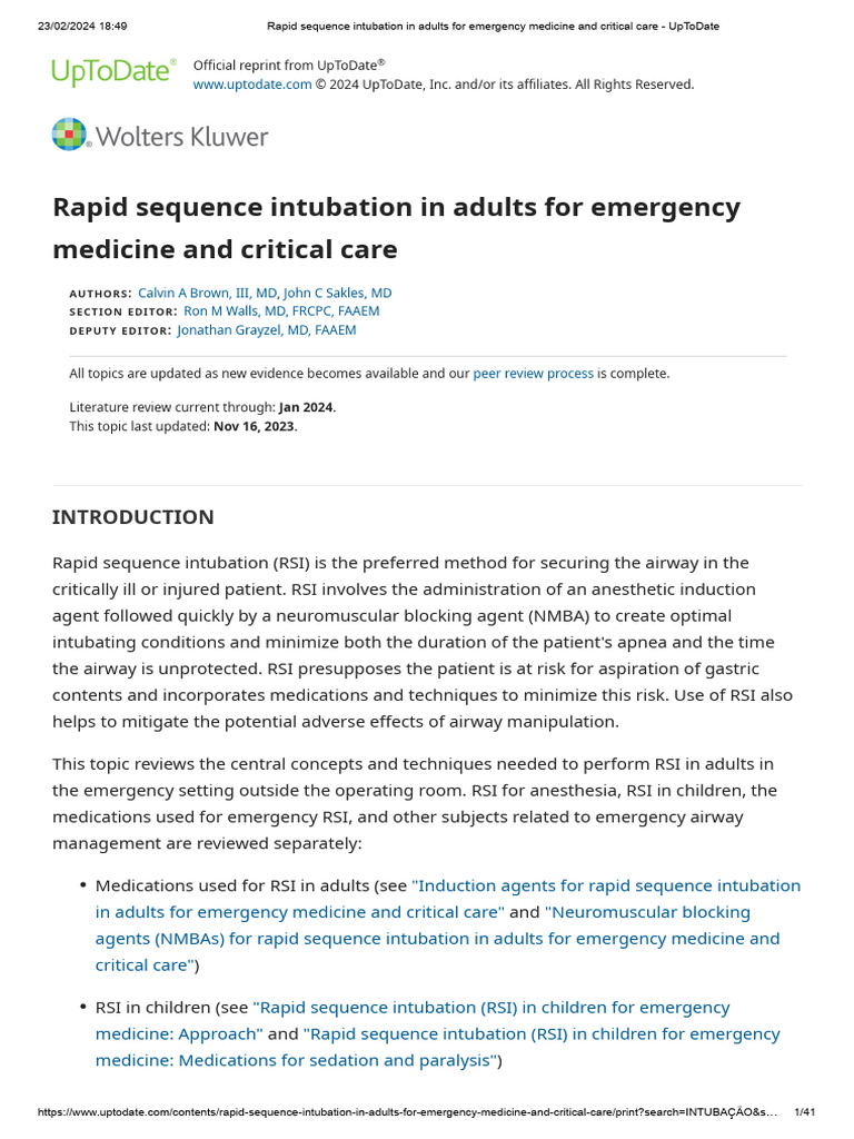 Rapid Sequence Intubation in Adults For Emergency Medicine and Critical Care - UpToDate | PDF ...