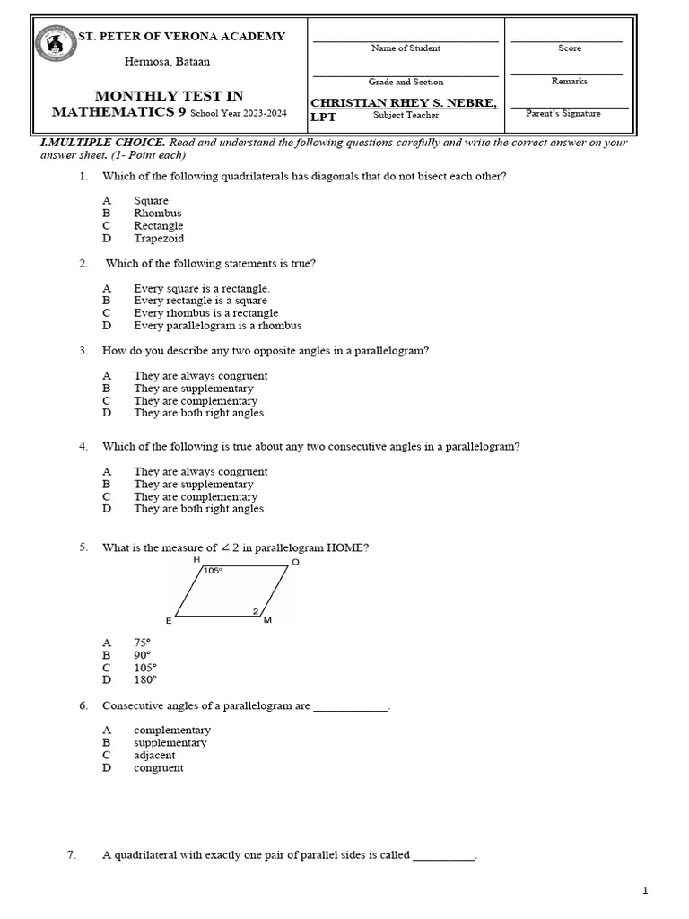 Nebre Mathematics 9 Monthly Third Quarter | PDF