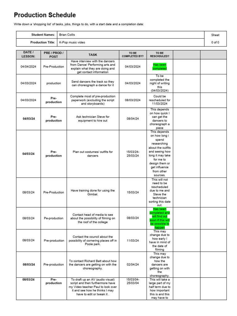 Production Schedule For FMP | PDF | Entertainment