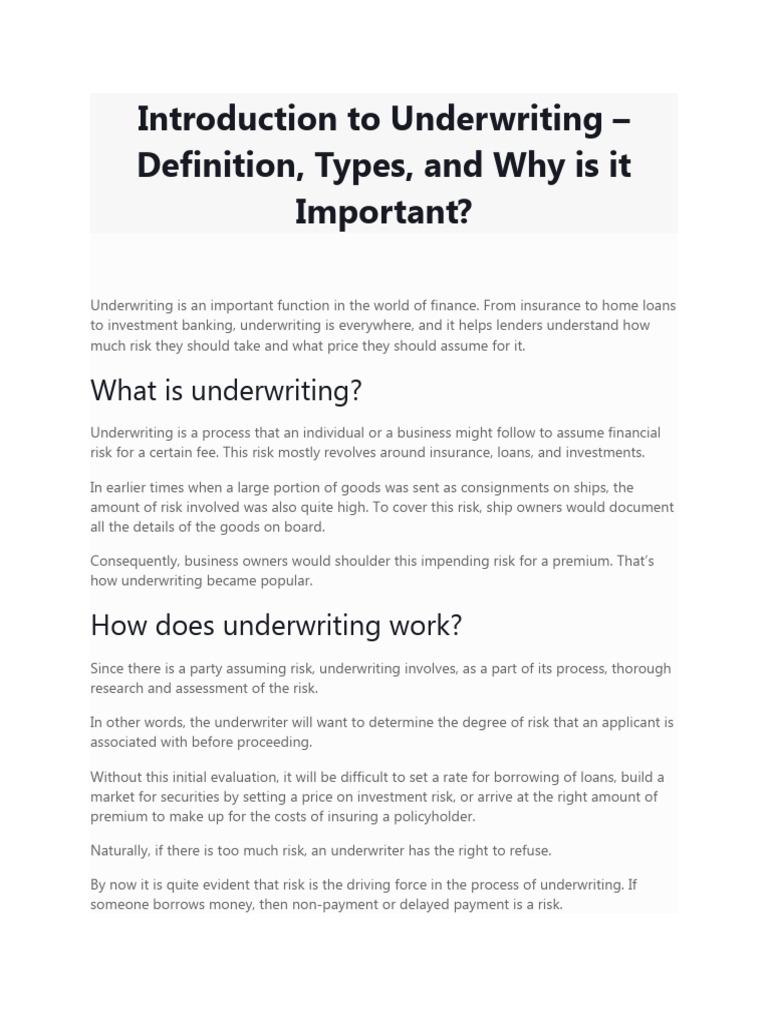 Introduction To Underwriting | PDF | Underwriting | Insurance