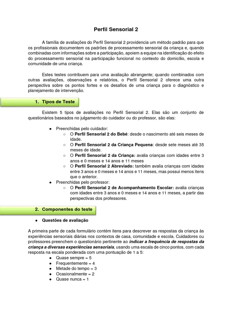 Perfil Sensorial resumo | PDF | Estímulo (Fisiologia) | Comportamento