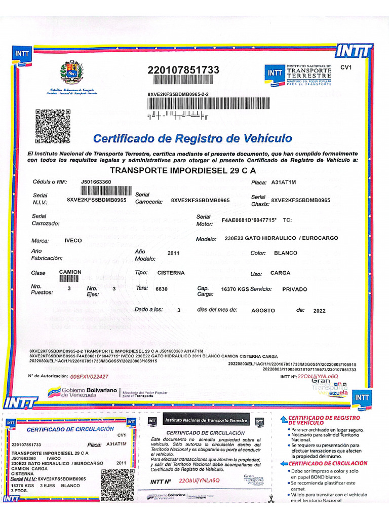 Transpordiesel - Certificado Vehiculo A31AT1M | PDF